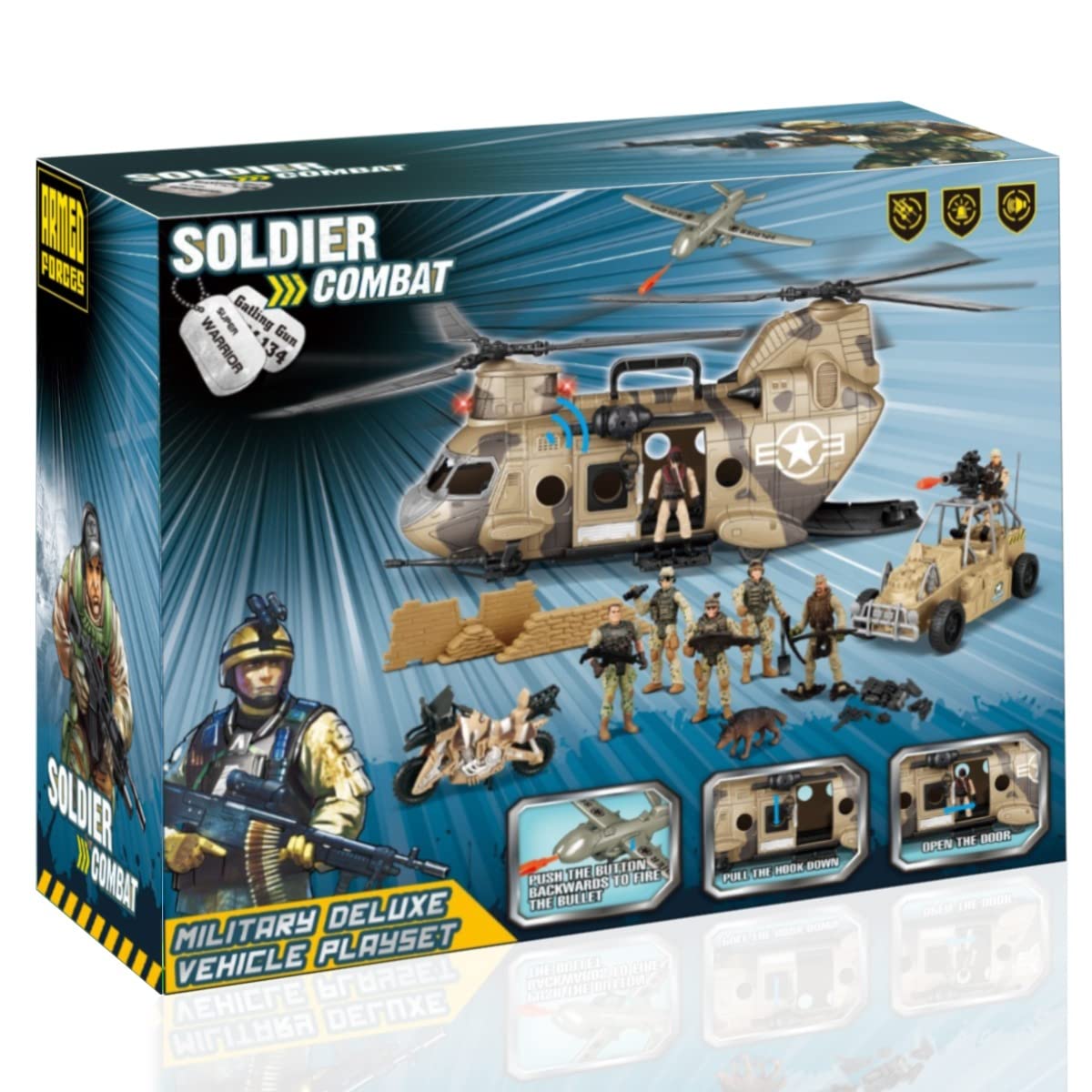 26 PCS Army Men Helicopter Carrier Toys, Military Soldier Action Figures, Combat Truck, Motorcycle, Jumbo Transport Aircraft with Lights & Sound, Weapons Accessories Playset for Kids Boys