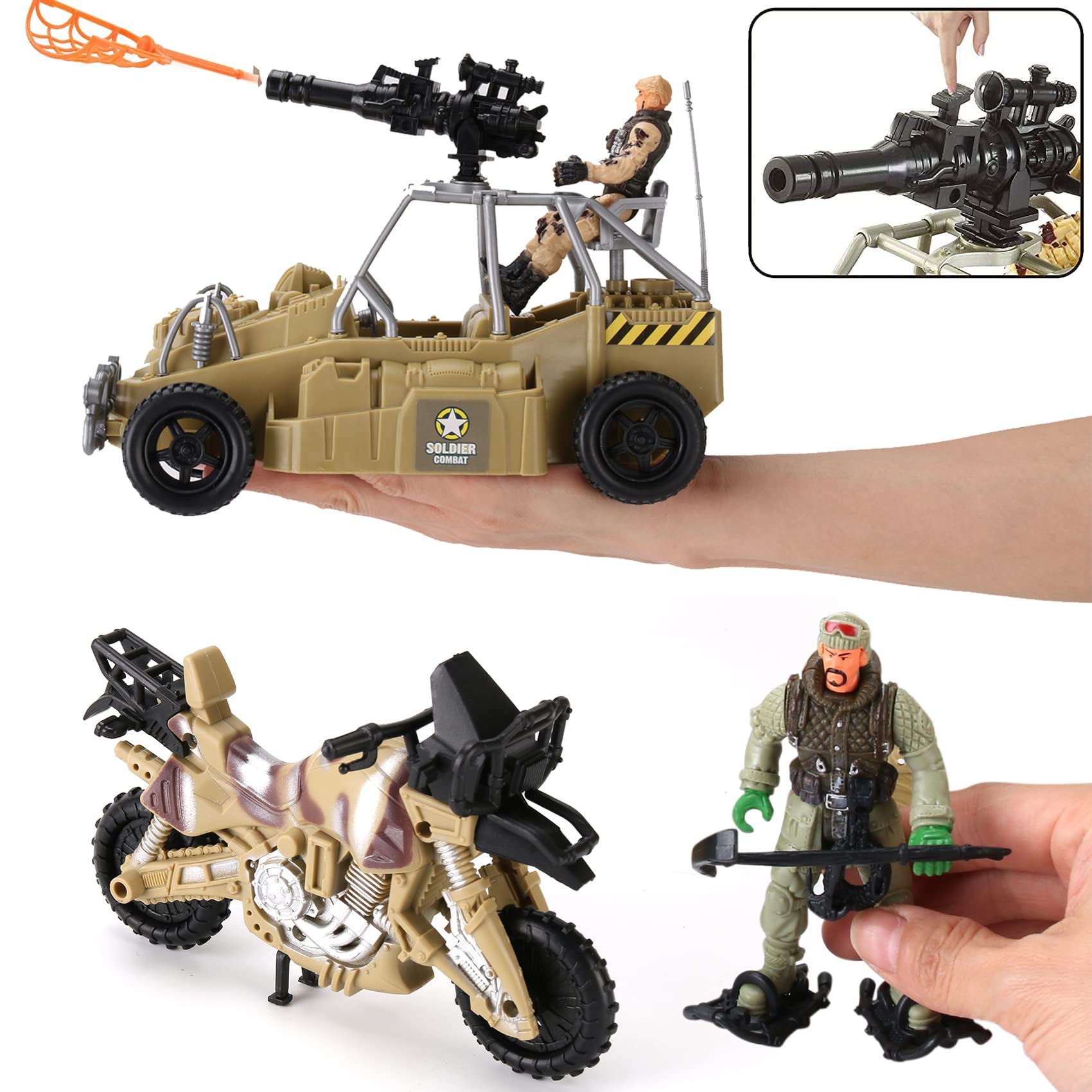 26 PCS Army Men Helicopter Carrier Toys, Military Soldier Action Figures, Combat Truck, Motorcycle, Jumbo Transport Aircraft with Lights & Sound, Weapons Accessories Playset for Kids Boys