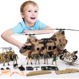 26 PCS Army Men Helicopter Carrier Toys, Military Soldier Action Figures, Combat Truck, Motorcycle, Jumbo Transport Aircraft with Lights & Sound, Weapons Accessories Playset for Kids Boys