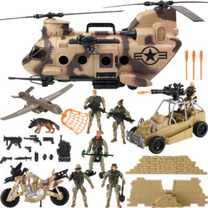 26 pcs army men helicopter carrier toys, military soldier action figures, combat truck, motorcycle, jumbo transport aircraft with lights & sound, weapons accessories playset for kids boys