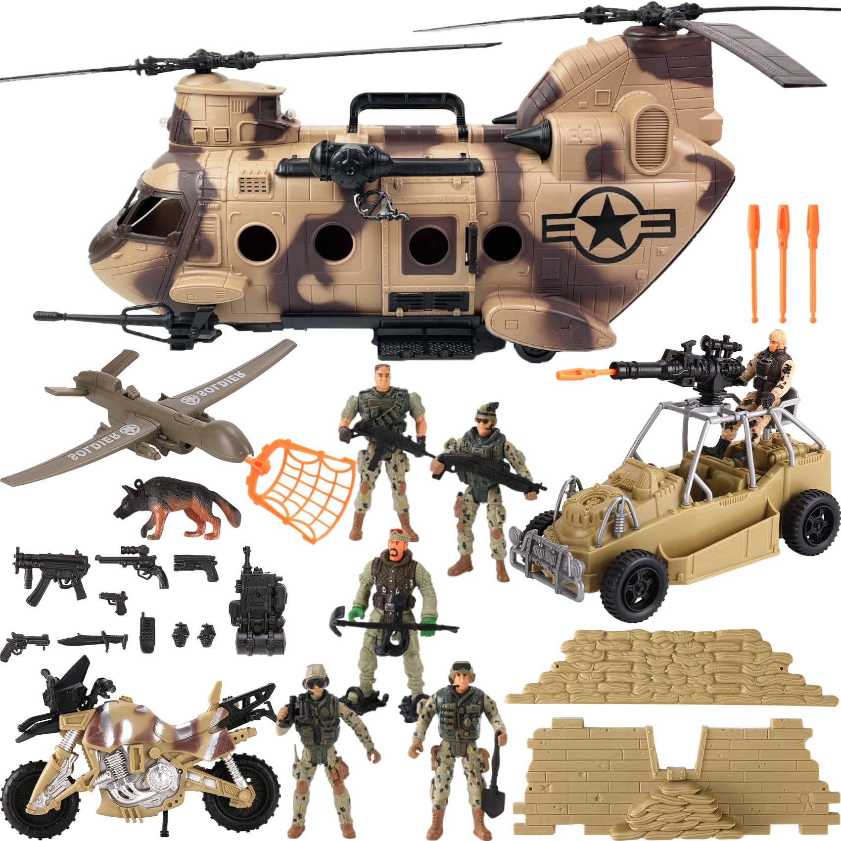 26 PCS Army Men Helicopter Carrier Toys, Military Soldier Action Figures, Combat Truck, Motorcycle, Jumbo Transport Aircraft with Lights & Sound, Weapons Accessories Playset for Kids Boys