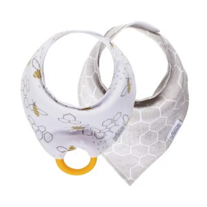 dr. brown’s bandana bib with snap-on removable teether, cotton baby bib with soft fleece lining for teething & drooling, 3m+, 2-pack, bees & gray honeycomb