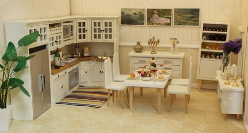 iLAND Dollhouse Kitchen, Modern Dollhouse Furniture Set on 1/12 Scale Wooden White to Store Miniature Food