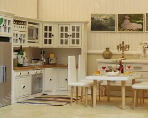 iLAND Dollhouse Kitchen, Modern Dollhouse Furniture Set on 1/12 Scale Wooden White to Store Miniature Food