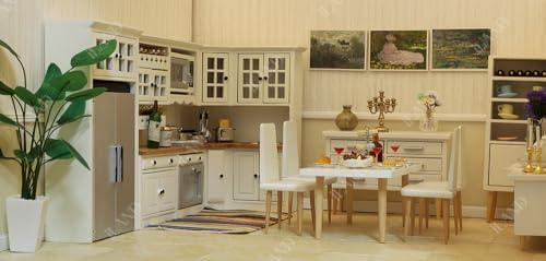 iLAND Dollhouse Kitchen, Modern Dollhouse Furniture Set on 1/12 Scale Wooden White to Store Miniature Food