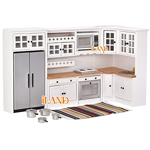 iLAND Dollhouse Kitchen, Modern Dollhouse Furniture Set on 1/12 Scale Wooden White to Store Miniature Food