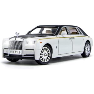 erock upgrade version -exquisite car model 1/24 rolls-royce phantom model car,zinc alloy pull back toy car with sound and light for kids boy girl gift. (white-black)