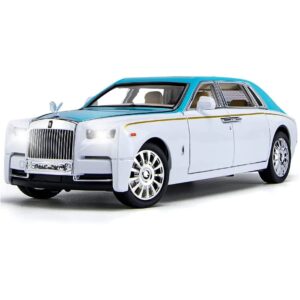 erock upgrade version -exquisite car model 1/24 rolls-royce phantom model car,zinc alloy pull back toy car with sound and light for kids boy girl gift. (blue-white)