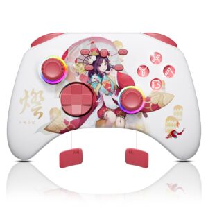 white wireless bluetooth pro controller for ios/android phone, switch/oled/lite, steam deck, pc, multi platform with rgb light, programmable back buttons, headphone jack, anime girl touro