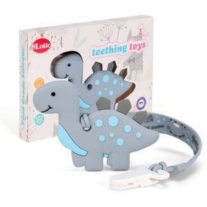 baby teething toys, dinosaur teether pain relief toy with one piece design silicone pacifier clip holder set for newborn babies, freezer safe neutral shower gift for boy and girl(grey)