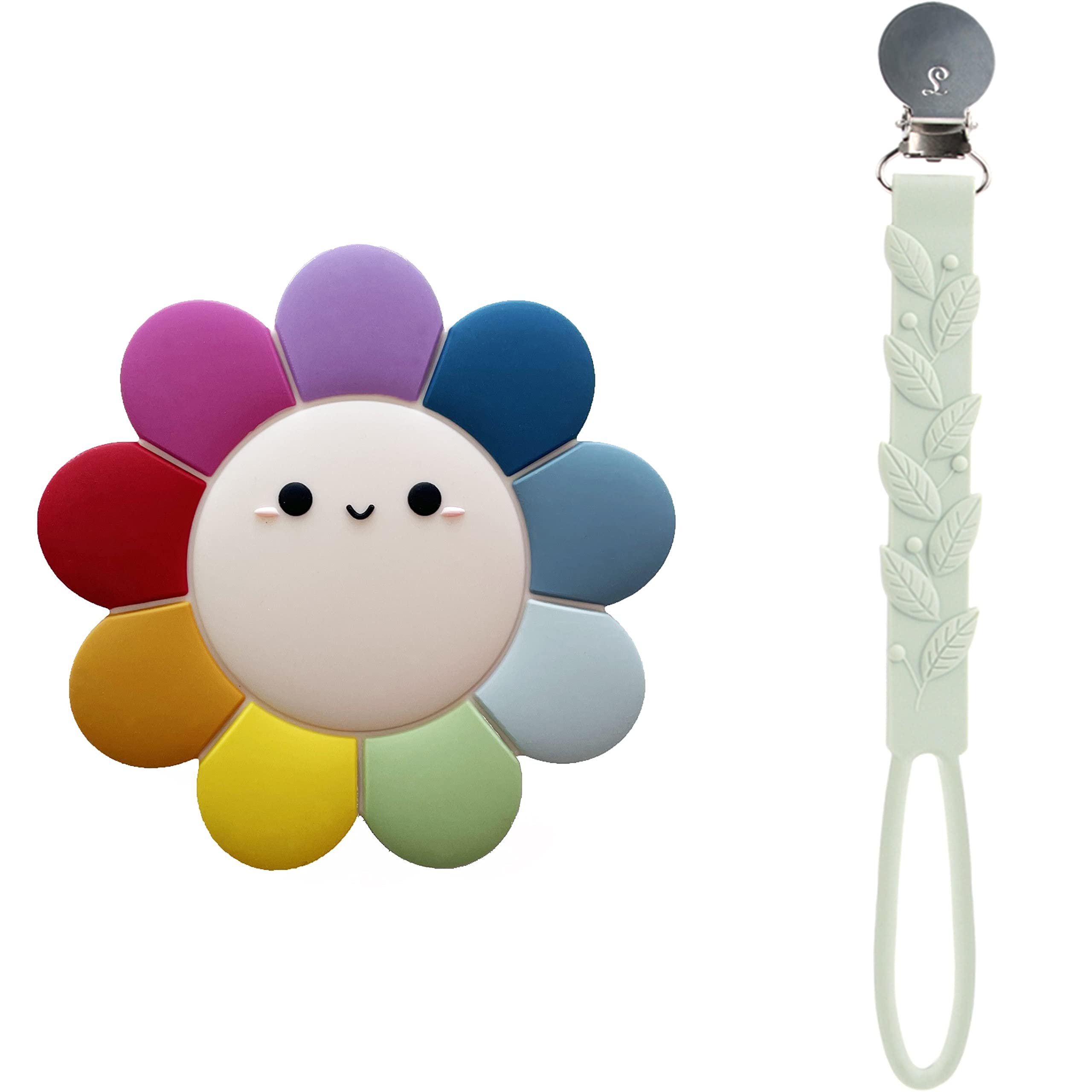 Loulou Lollipop Silicone Teether and Holder Set for Teething Baby Boy and Girl - Daisy Rainbow