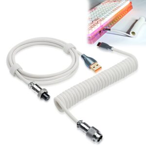 ucinnovate coiled keyboard cable, pro custom coiled usb c cable for gaming keyboard, double-sleeved mechanical keyboard cable with detachable metal aviator, 1.8m usb-c to usb-a (white)