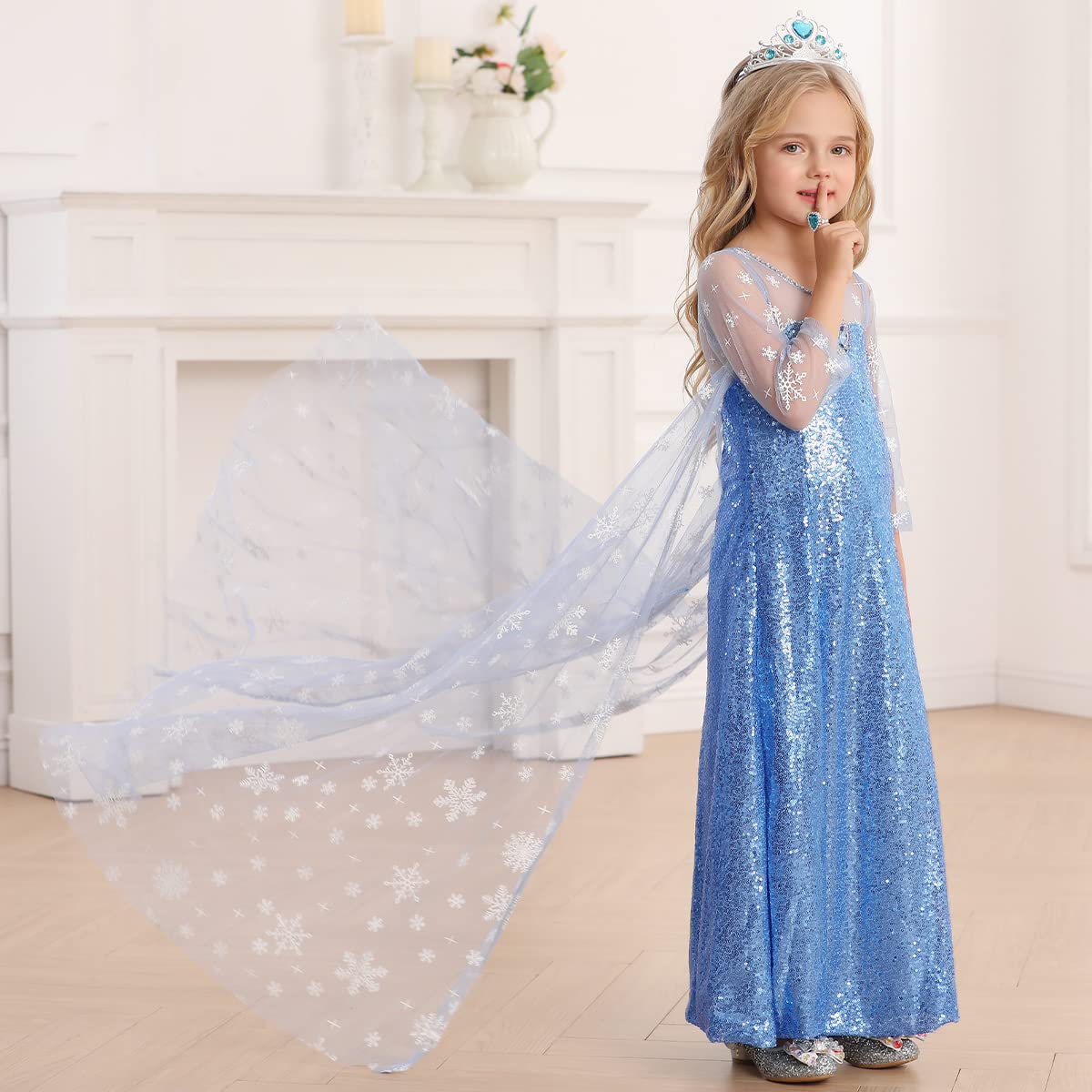 Luzlen Snow Princess Dress for Girls Toddler Queen Costume Halloween Christmas Cosplay Birthday Party Outfits Kids Blue, 4-5T(Tag 120)