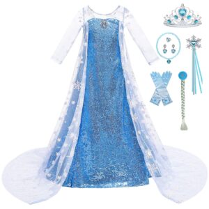 luzlen snow princess dress for girls toddler queen costume halloween christmas cosplay birthday party outfits kids blue, 4-5t(tag 120)