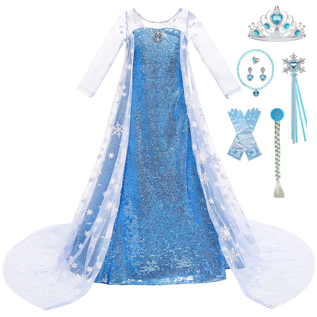 Luzlen Snow Princess Dress for Girls Toddler Queen Costume Halloween Christmas Cosplay Birthday Party Outfits Kids Blue, 4-5T(Tag 120)