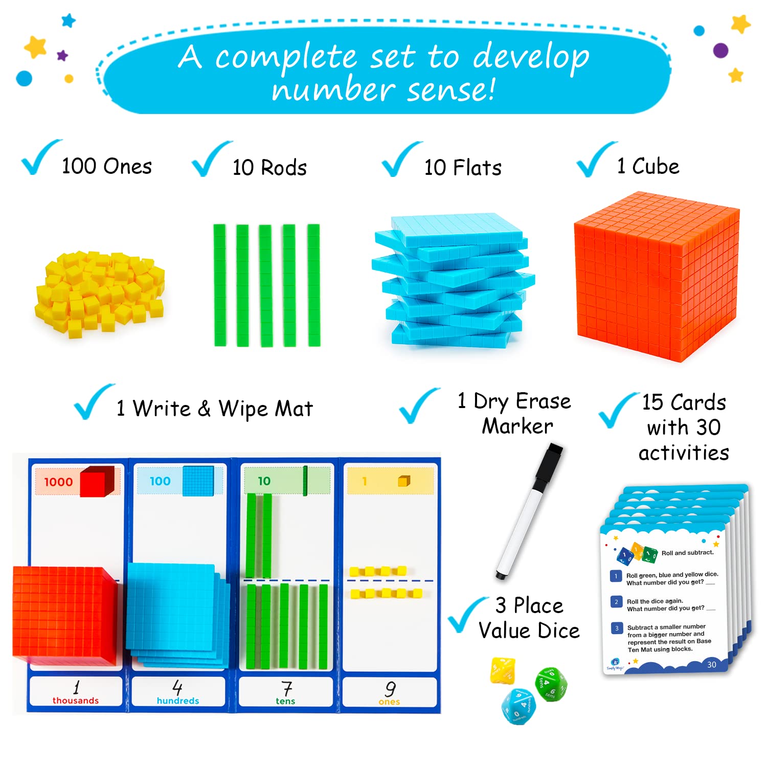 Simply magic 141 PCS Base Ten Blocks for Math - Math Manipulatives K-3, Unit Blocks 1st 2nd 3rd Grade, Counting Blocks - Kindergarten Set, Math Blocks Ones Tens Hundreds, Place Value Number Cubes