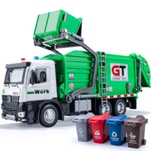 garbage truck toys metal cab, realistic trash truck toys for boys with lights and sounds, friction powered recycling truck for kids, front loader with dumpster, 4 trash bins with trash cards, 12"