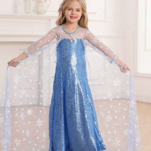 Luzlen Snow Princess Dress for Girls Toddler Queen Costume Halloween Christmas Cosplay Birthday Party Outfits Kids Blue, 4-5T(Tag 120)