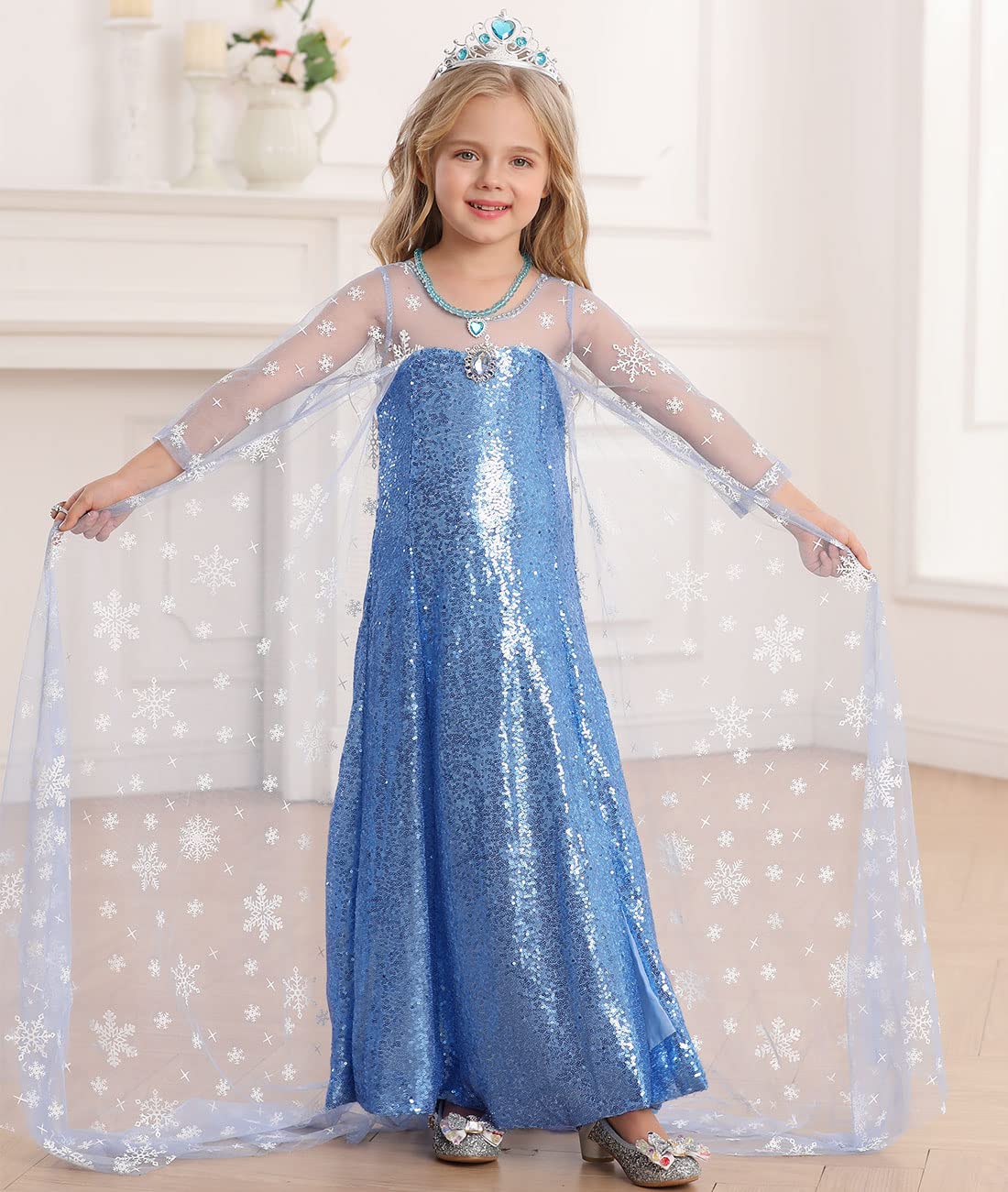 Luzlen Snow Princess Dress for Girls Toddler Queen Costume Halloween Christmas Cosplay Birthday Party Outfits Kids Blue, 4-5T(Tag 120)