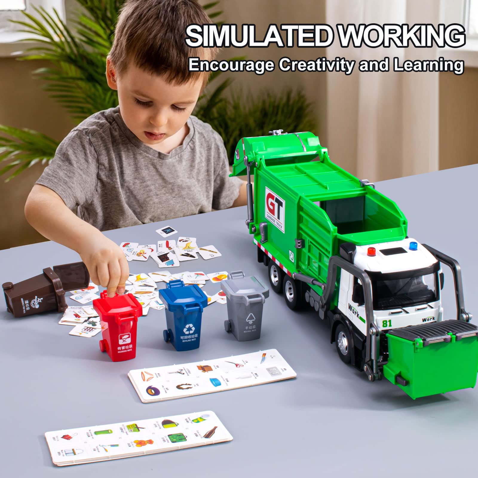 Garbage Truck Toys Metal Cab, Realistic Trash Truck Toys for Boys with Lights and Sounds, Friction Powered Recycling Truck for Kids, Front Loader with Dumpster, 4 Trash Bins with Trash Cards, 12"