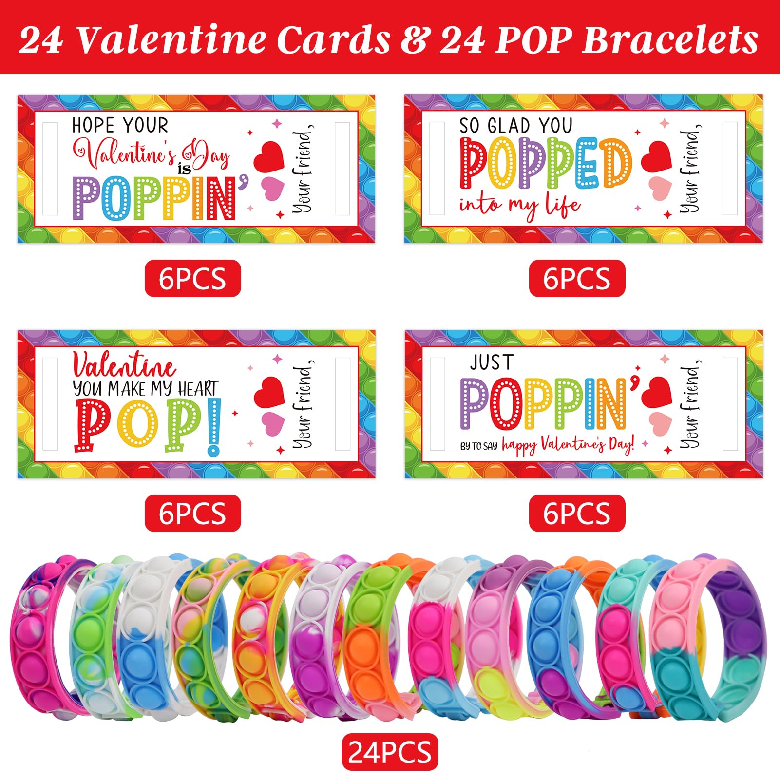 DAZONGE 24 Packs Valentines Day Gifts for Kids, POP It Bracelet Valentines Cards, Classroom Valentines, POP Fidget Toy Valentine’s Day Cards for Kids School Exchange Activity