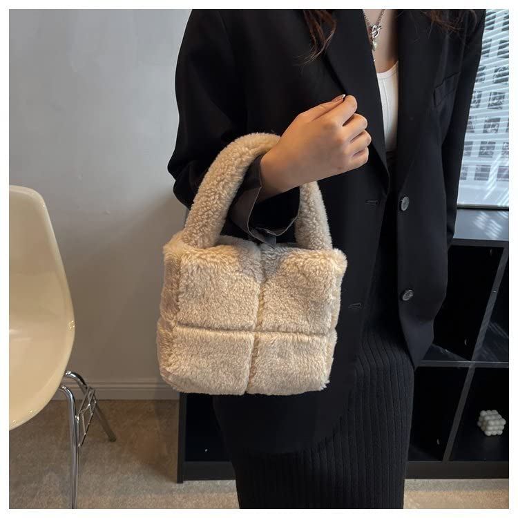 Fluffy Sherpa Mini Tote Bag for Women Girls Kawaii Purse Cute Tote Bag Aesthetic Soft Plush Handbag with Top Handle (Beige,one size)