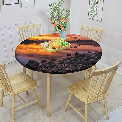 Landscape Round Fitted Tablecloth Cover,USA Missouri Kansas City Scenery of Sunset Lake Print Elastic Edged Polyester Fitted Table Cover, XLarge, Fit Round Tables 59"-63" Diameter, for Party Dining