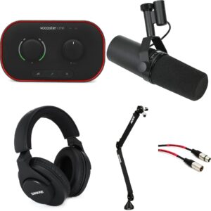 focusrite vocaster 1 and sm7b microphone solo podcast bundle, with closed-back headphones, deskmount boom arm, and 10' xlr cable