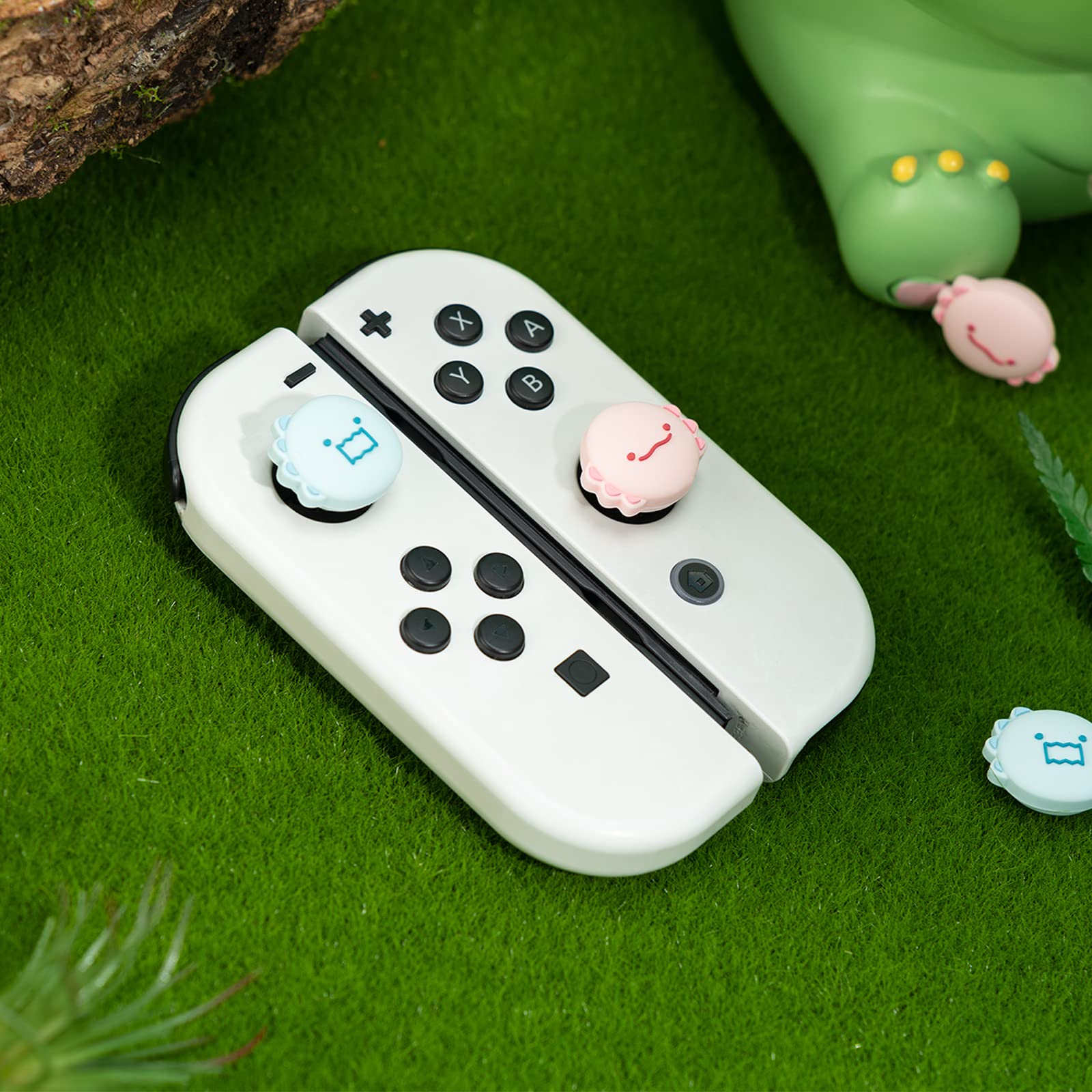 GeekShare Cute Silicone Joycon Thumb Grip Caps, Joystick Cover Compatible with Nintendo Switch/OLED/Switch Lite,4PCS - Dinosaur & Axolotl