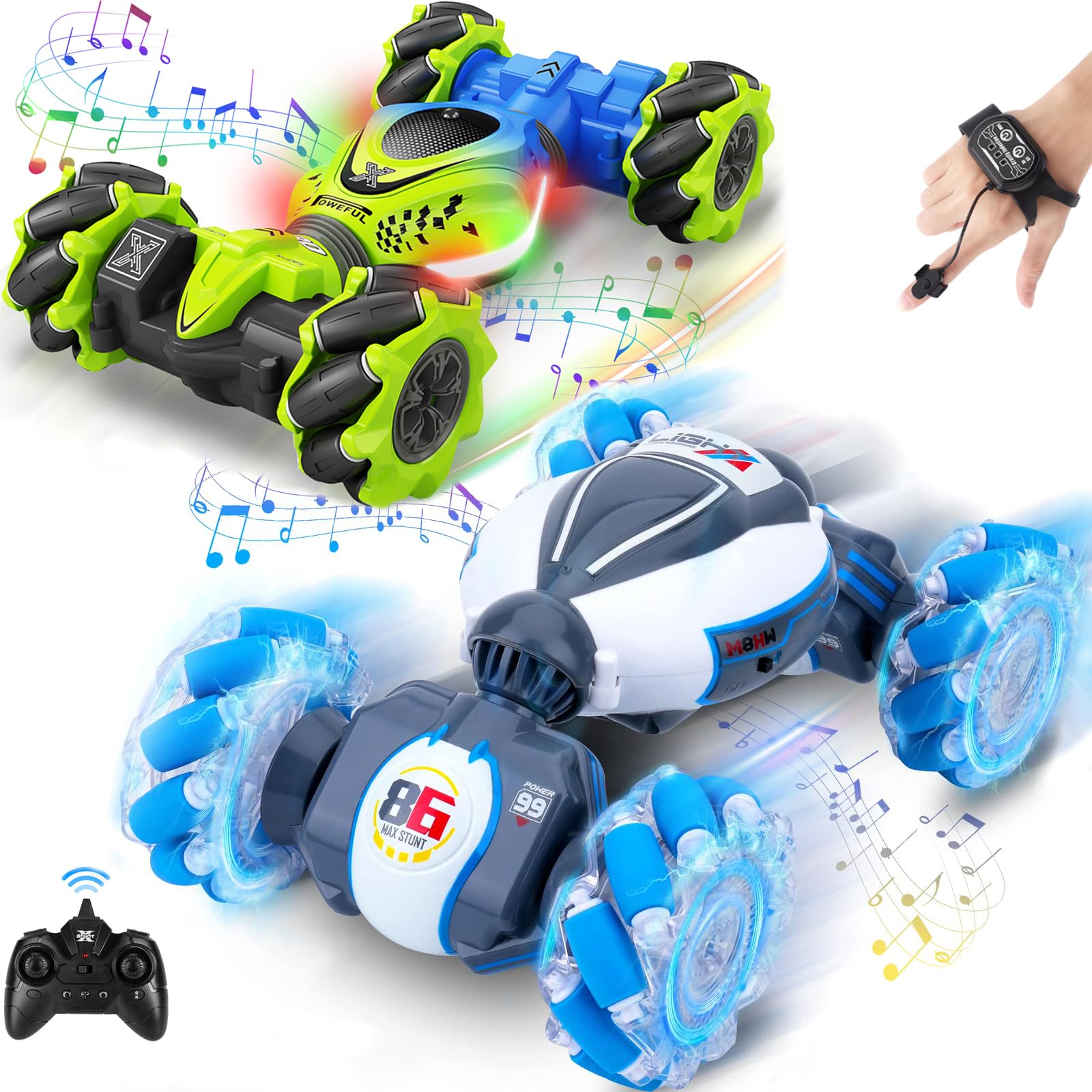 Fosgoit Gesture RC Car, Gesture Sensing RC Stunt Car Toy for Boys Girls, Best Birthday Gift Toys for Kids Age 8-13 6 7 8 9 10 11 12 yr, Double Sided Rotating RC Drift Car, Off Road with Lights Music