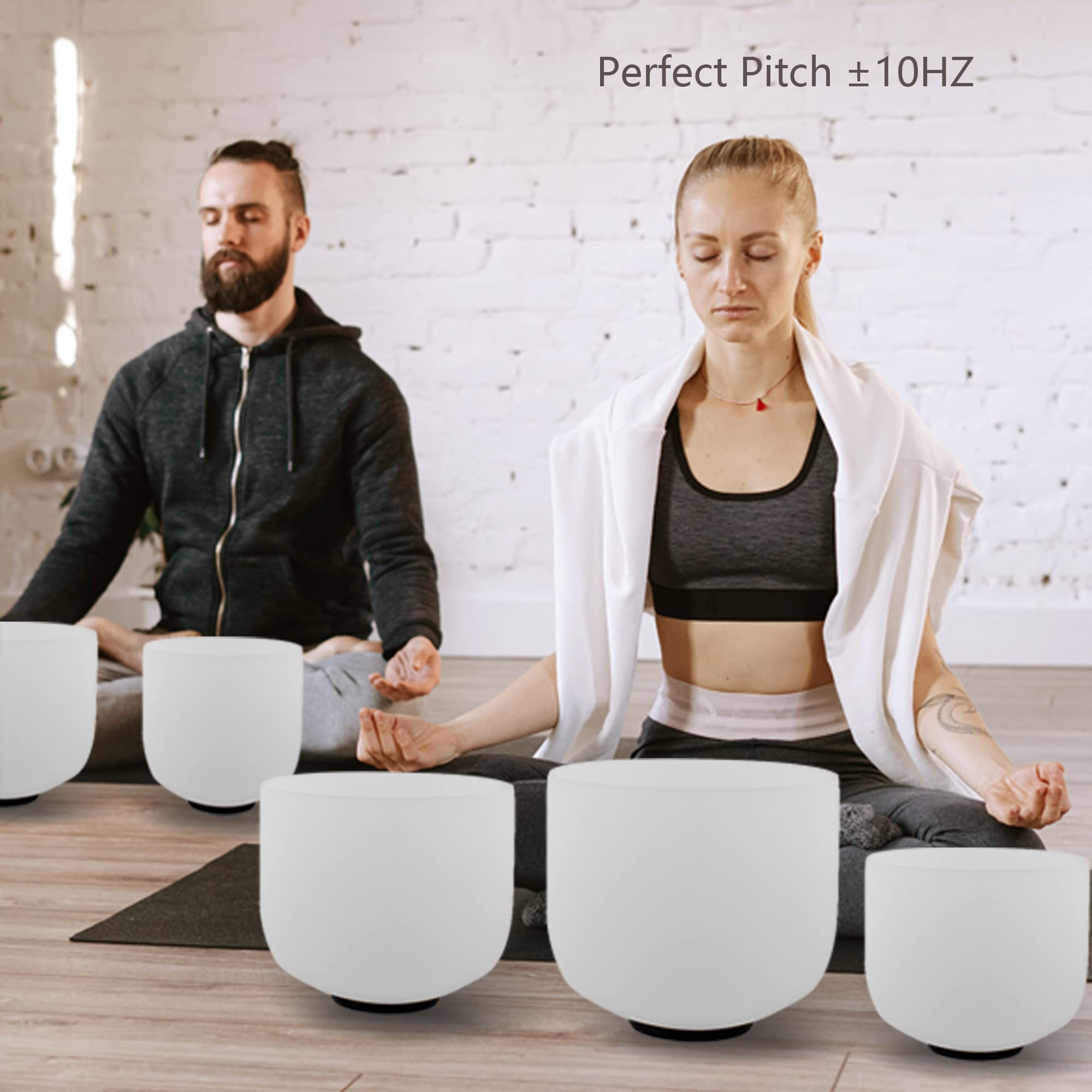 FMTY Perfect Pitch(±10HZ) crystal singing bowl chakra healing bowl set of 7pcs 6-12inch with Two travel bags and 7 soft bags for sound healing bowl (432HZ White 6-12inch 7PCS)