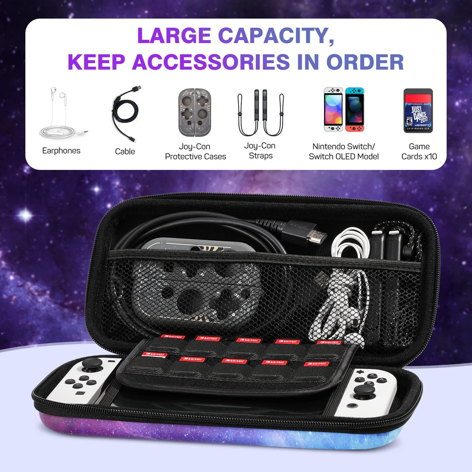 MoKo Carrying Case for Nintendo Switch OLED Model/Nintendo Switch, Hard Shell Portable Travel Carry Case w/10 Game Card Slots Compatible with Nintendo Switch Console & Accessories, Gorgeous Starry Sky