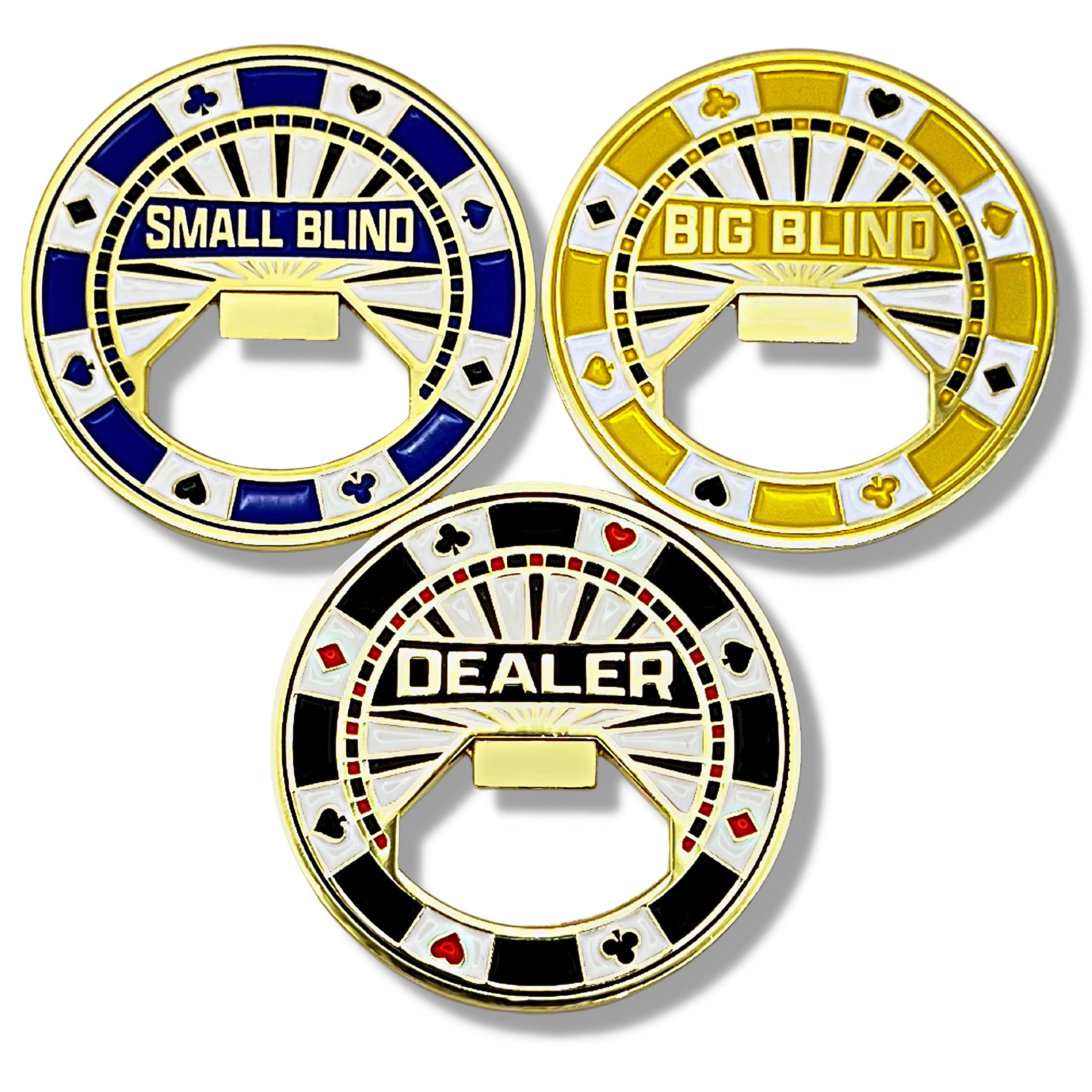 Luck Lab Set of 3 Metal Bottle Opener Poker Buttons - Dealer Button, Big Blind and Small Blind Metal Weights (Position Markers) for Texas Hold Em - 2 inch