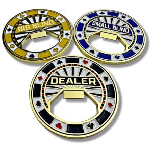 luck lab set of 3 metal bottle opener poker buttons - dealer button, big blind and small blind metal weights (position markers) for texas hold em - 2 inch