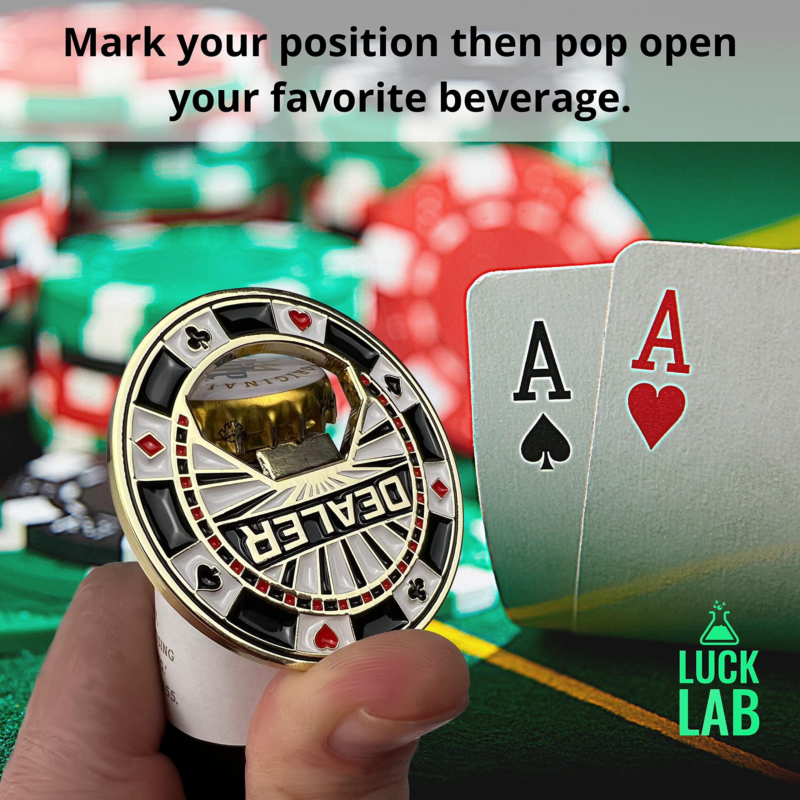 Luck Lab Set of 3 Metal Bottle Opener Poker Buttons - Dealer Button, Big Blind and Small Blind Metal Weights (Position Markers) for Texas Hold Em - 2 inch