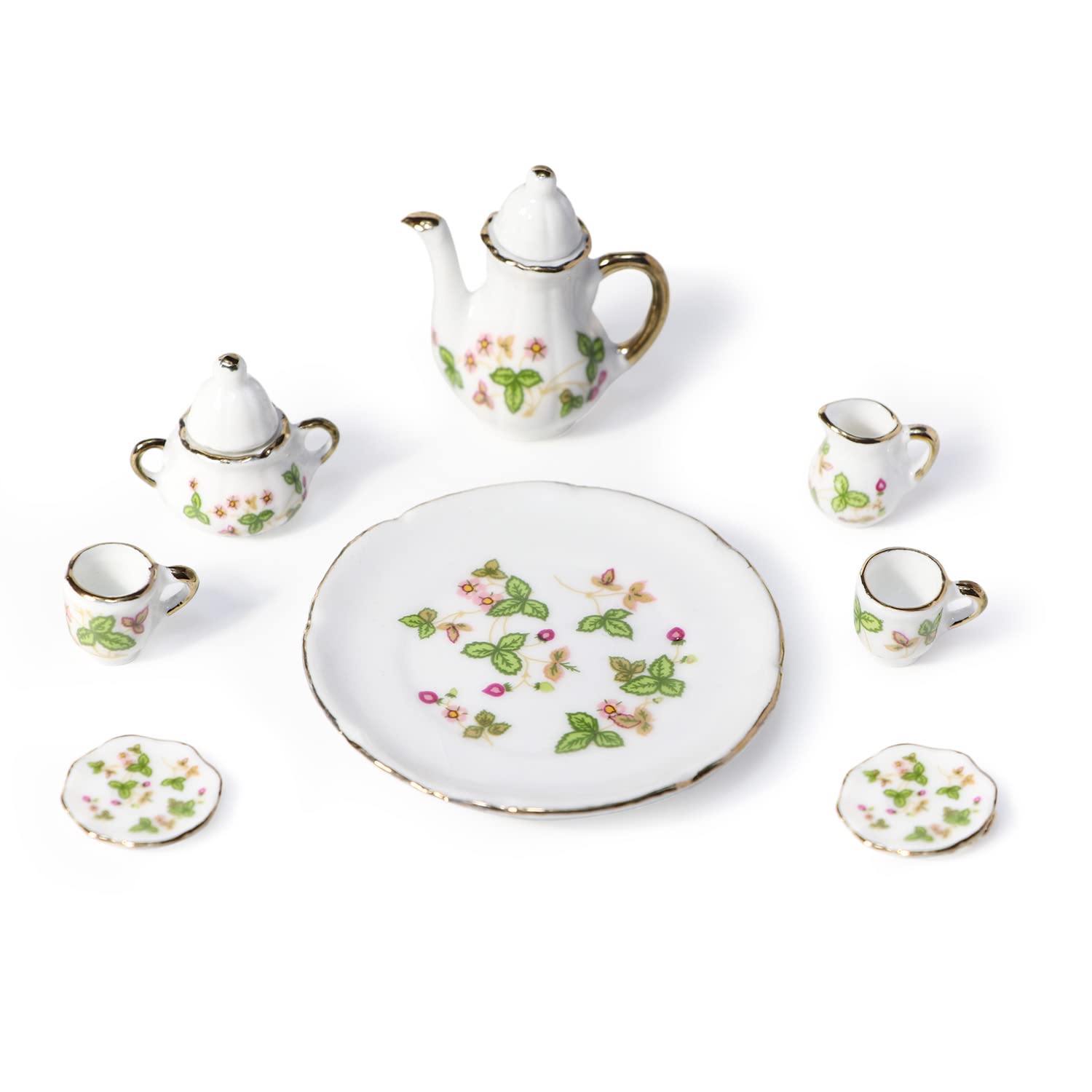 Dollhouse Tea Cup Sets 1:6 Scale Miniature Porcelain Dollhouse Accessories 8PCS Flower Pattern Teapot Platter Dish Sets Dollhouse Kitchen Supplies Decoration (Green)