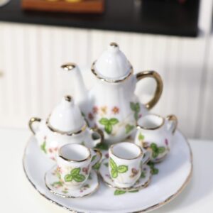 Dollhouse Tea Cup Sets 1:6 Scale Miniature Porcelain Dollhouse Accessories 8PCS Flower Pattern Teapot Platter Dish Sets Dollhouse Kitchen Supplies Decoration (Green)