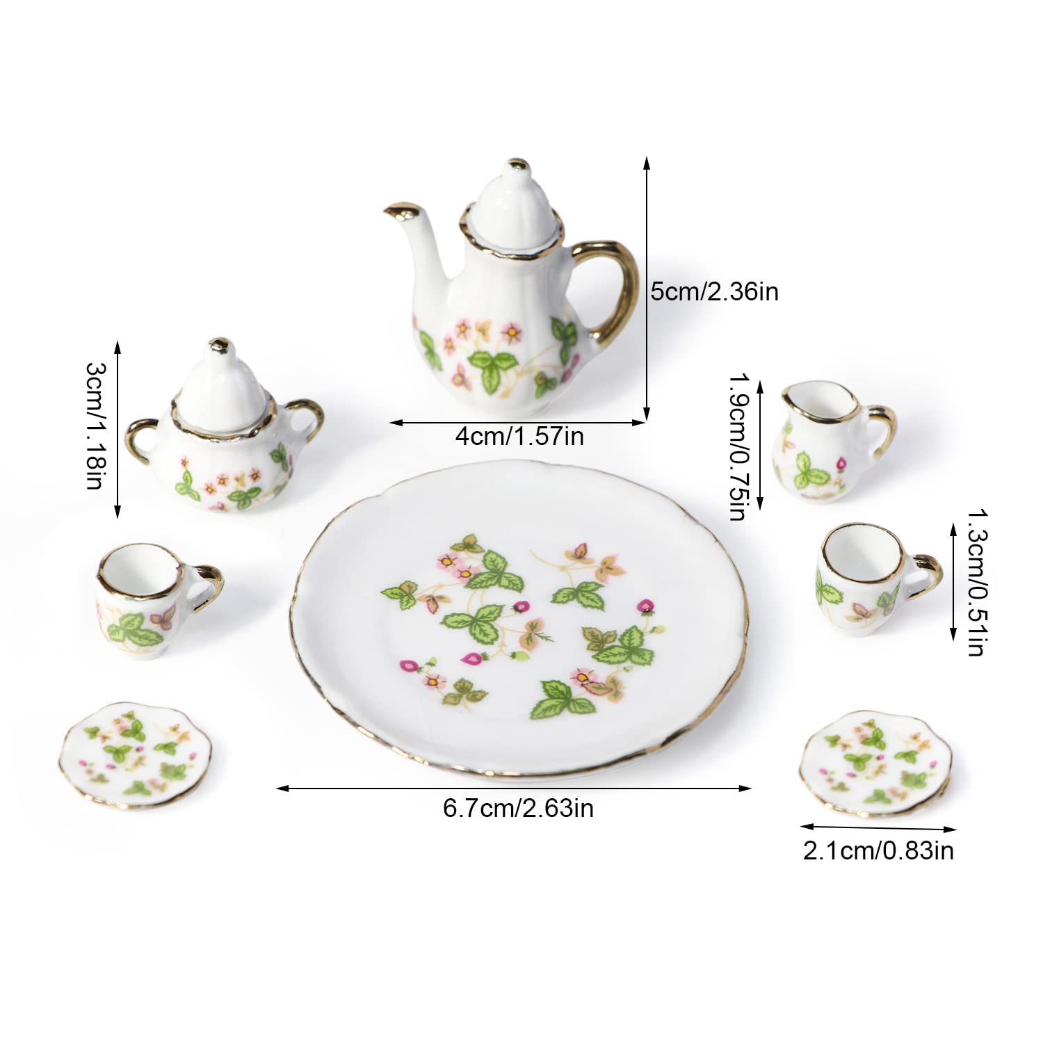 Dollhouse Tea Cup Sets 1:6 Scale Miniature Porcelain Dollhouse Accessories 8PCS Flower Pattern Teapot Platter Dish Sets Dollhouse Kitchen Supplies Decoration (Green)