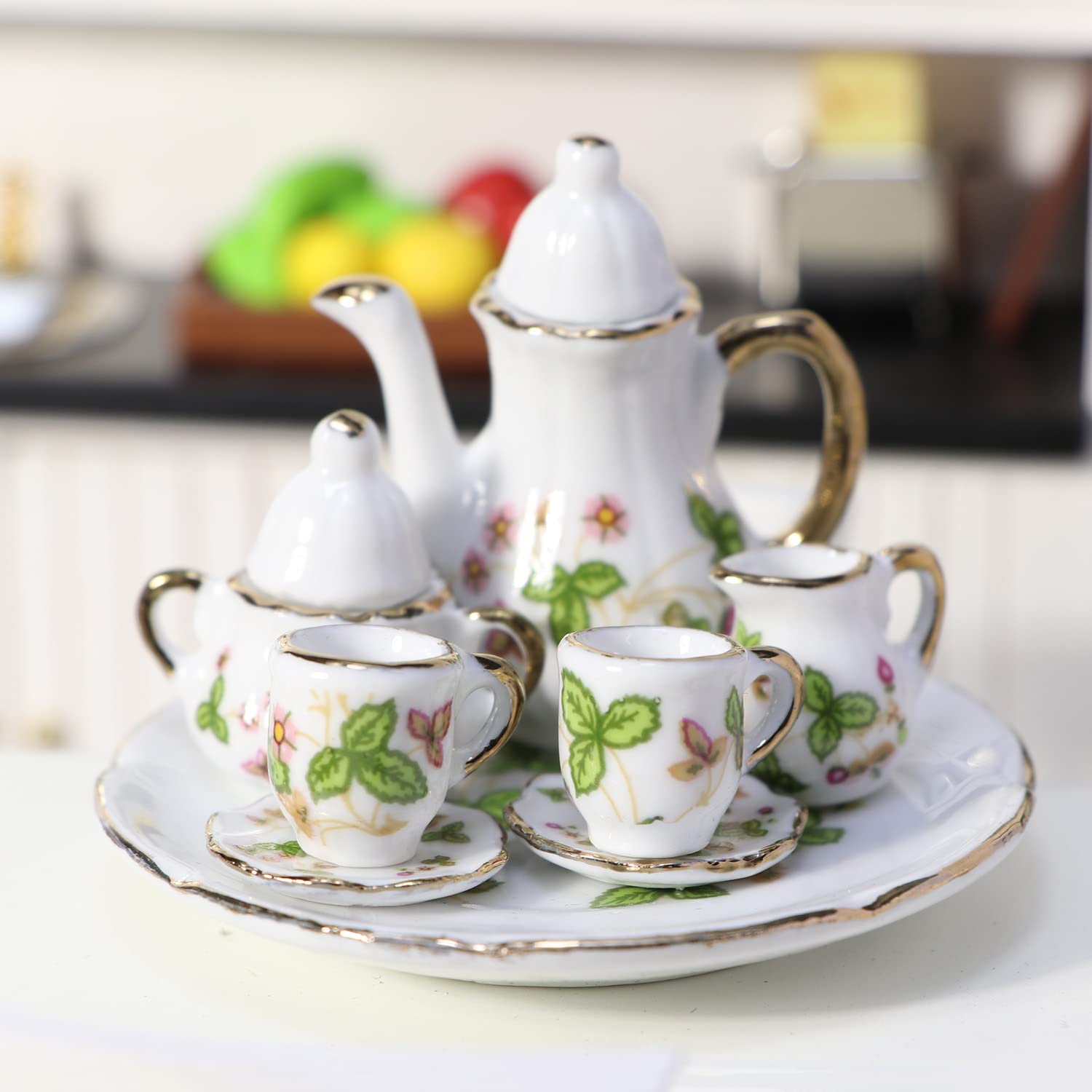 Dollhouse Tea Cup Sets 1:6 Scale Miniature Porcelain Dollhouse Accessories 8PCS Flower Pattern Teapot Platter Dish Sets Dollhouse Kitchen Supplies Decoration (Green)