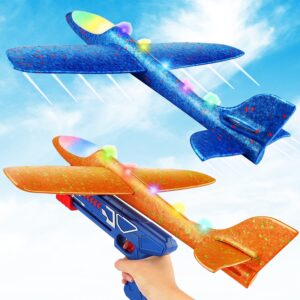 rojajis 17.5" large airplane toys launcher set, led foam glider, catapult plane toys for boys 2 flight modes outdoor flying toy for boys birthday gifts for girls boys 13 12 11 10 9 8 7 6 5 4 year old