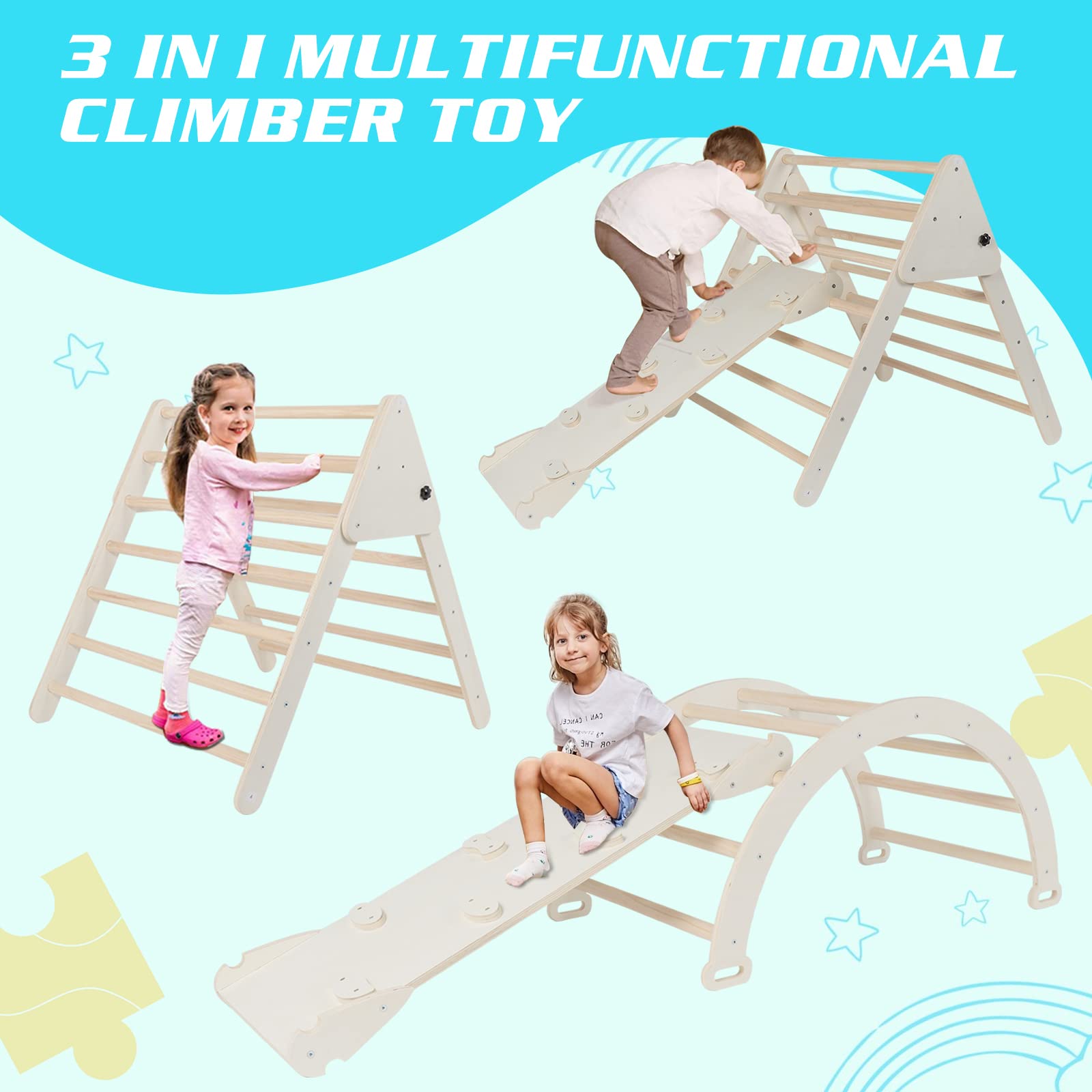 NAVINE 3 in 1 Foldable Triangle Ladder, Pikler Triangle Climber with Ramp, Sturdy Wooden Toddler Climbing Toys for Toddlers 1-3. with Climbing Triangle/Arch/ramp.Burlywood