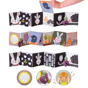 taf toys urban garden soft cloth newborn book, crinkle baby book. high contrast sensory toys. early education activity toy. infant tummy time toys. multi-sensory textures and a baby-safe mirror