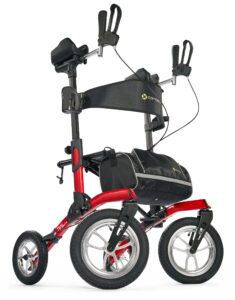 comodità tipo stand up advance all terrain upright rollator walker with seat and pneumatic tires, 4 wheel folding rolling walker for adults and seniors with cup and cane holder, modena red