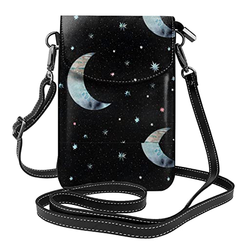 Crescent Moon And Multicolored Stars Crossbody Cell Phone Purse Women Pu Crossbody Bag Small Crossbody Wallet Purse Shoulder Bag