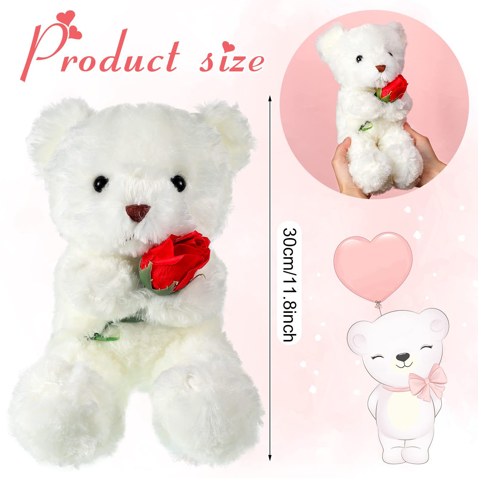 Civaner Christmas Plush Stuffed Animal Bear with Rose Funny Cute Stuffed Animal Plush Gifts for Kids Toddler Girlfriend Xmas Valentine's Day, 11.8 Inches