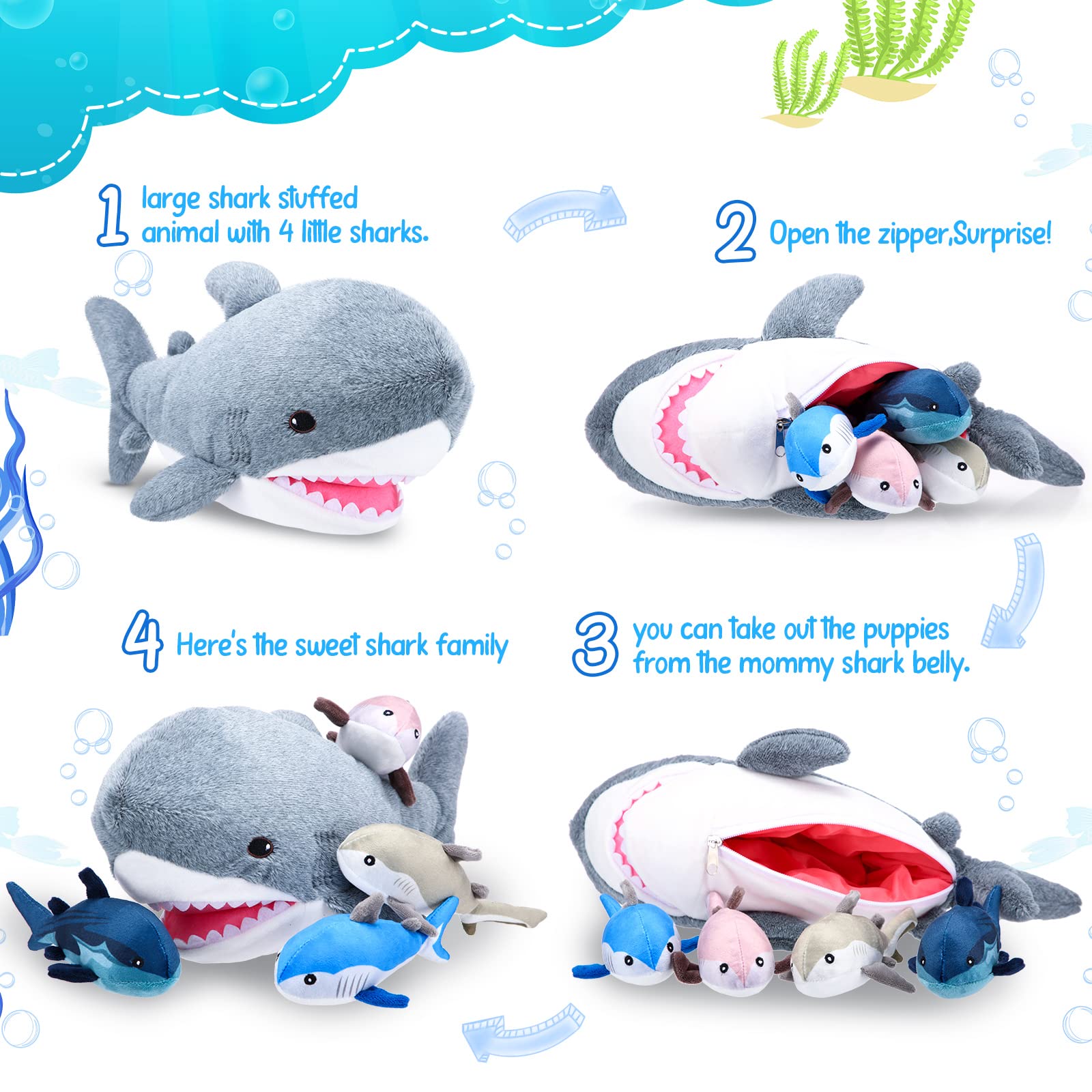 Kasyat 18 Inch Plush Shark Stuffed Animal with 4 Different Breeds of Little Sharks, Zippered Stuffed Shark Plush Toy, Large Stuffed Animals for Little Teens