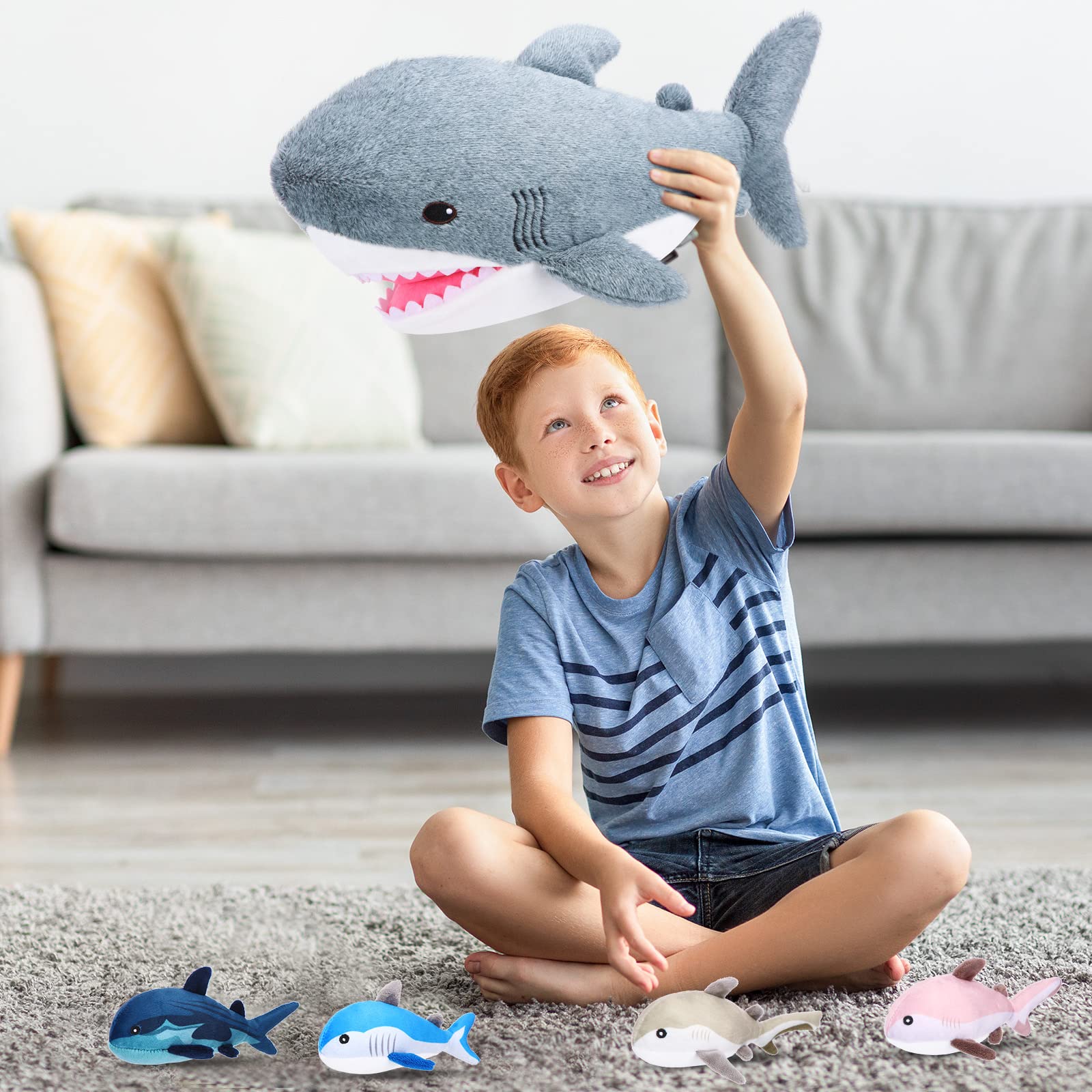 Kasyat 18 Inch Plush Shark Stuffed Animal with 4 Different Breeds of Little Sharks, Zippered Stuffed Shark Plush Toy, Large Stuffed Animals for Little Teens