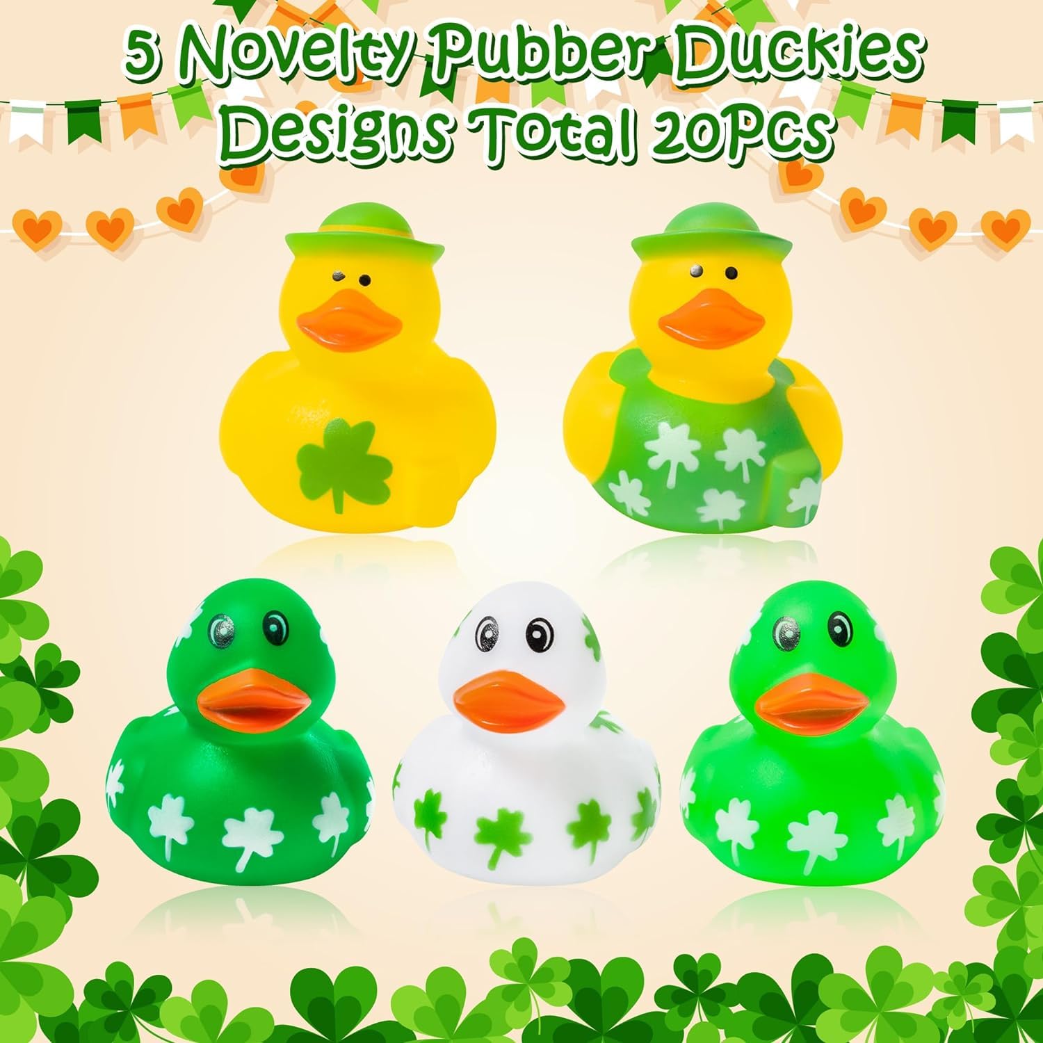 Haooryx 20Pcs St. Patrick's Day Rubber Duck Toys Novelty Squeeze Shamrock Duck Decor for Irish St. Patrick's Day Easter Day Party Favor Goodies Bag Fillers Kids Birthday School Prizes