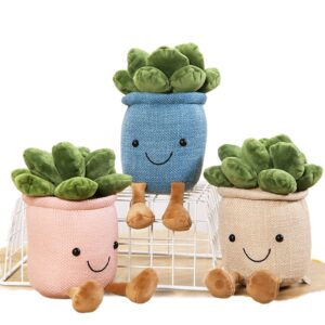 quioee 3pcs succulent plush toy potted plants plush doll, simulation succulent plushies home decoration stuffed soft plushies (pink+white+blue)