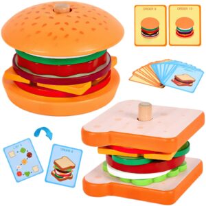 wooden burger sandwich stacking toys for kids, play food toy for toddlers, montessori toys for 3 year old, preschool educational toys to develop fine motor skills